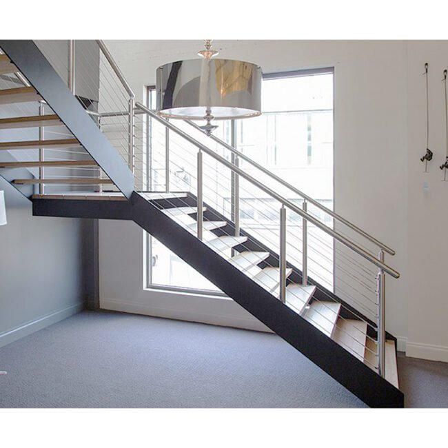 Steel Plate Stringer Straight Staircase Wood Steps Cable Railing GRT ...