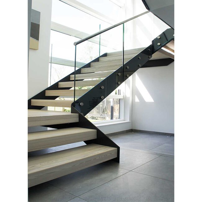 Single Steel Plate Stringer Straight Stair Wood Steps Glass Railing GRT ...